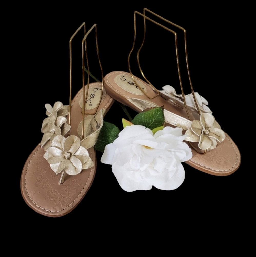 Boc Born Concept Metallic Gold Floral Strappy Thong S… - Gem